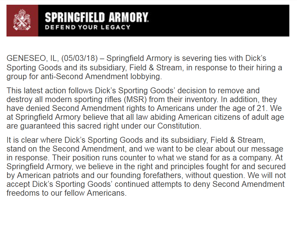 SPRINGFIELD ARMORY CUTS TIES WITH DICKS SPORTING GOODS!